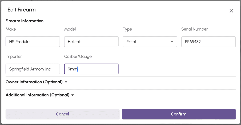 Managing and Editing Firearm Information - FFL Safe